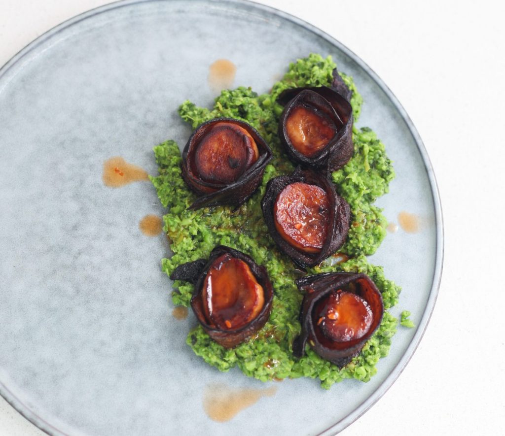 Epic Bacon-Wrapped Vegan Scallops on Pea Purée - Melo & Mills
